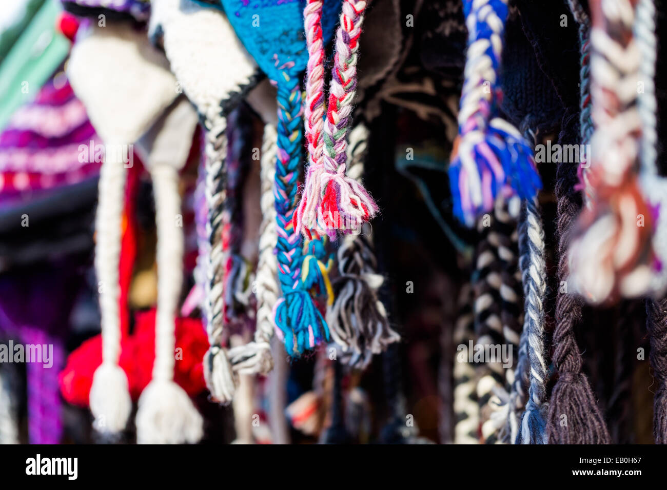 Hand made wool hats on display at the local Christmas market Stock ...