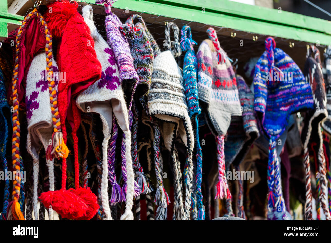 Hand made wool hats on display at the local Christmas market Stock ...