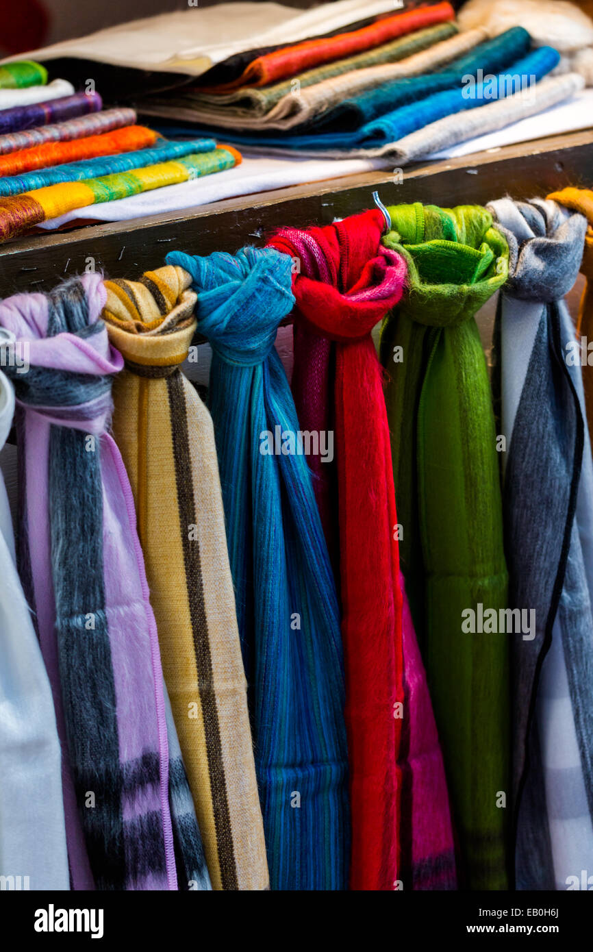 Hand made wool scarfs on display at the local Christmas market Stock ...