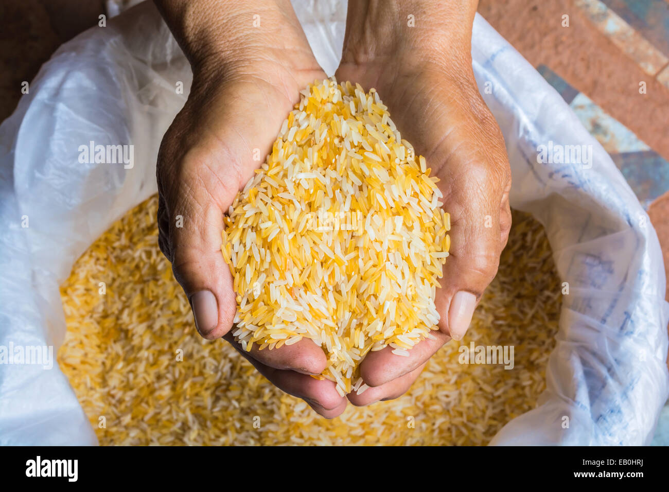 raw rice in hands holding Stock Photo - Alamy