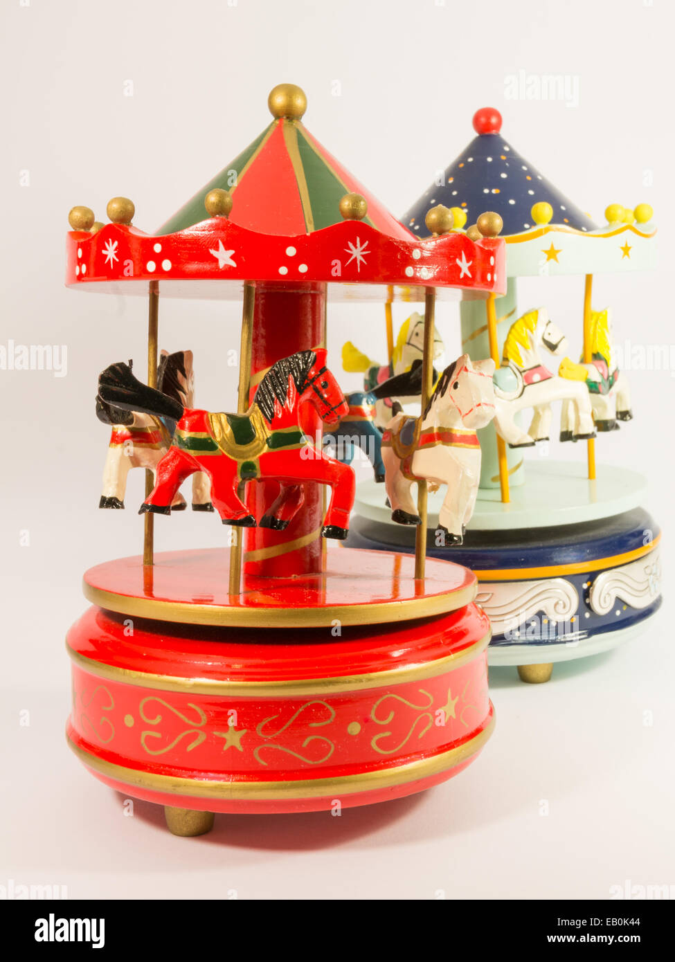 sky blue and red merry-go-round horse carillon, wooden carouse Stock ...