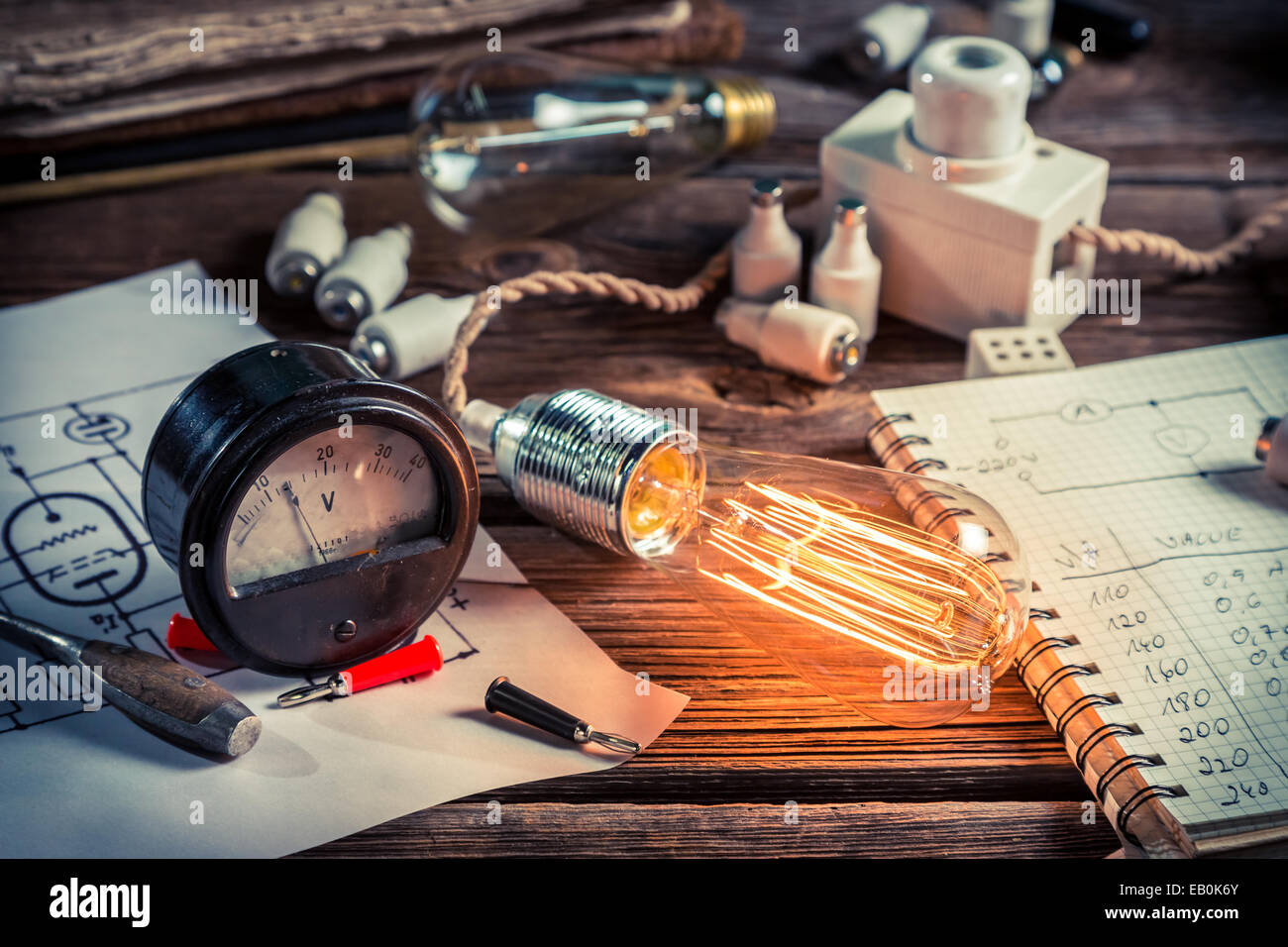 Examination of current and light bulbs in physics laboratory Stock ...