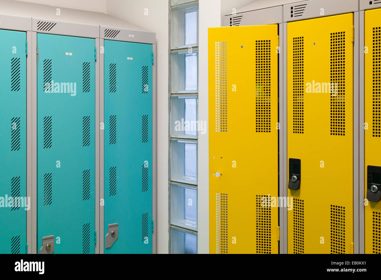 Yellow and blue metal lockers Stock Photo - Alamy