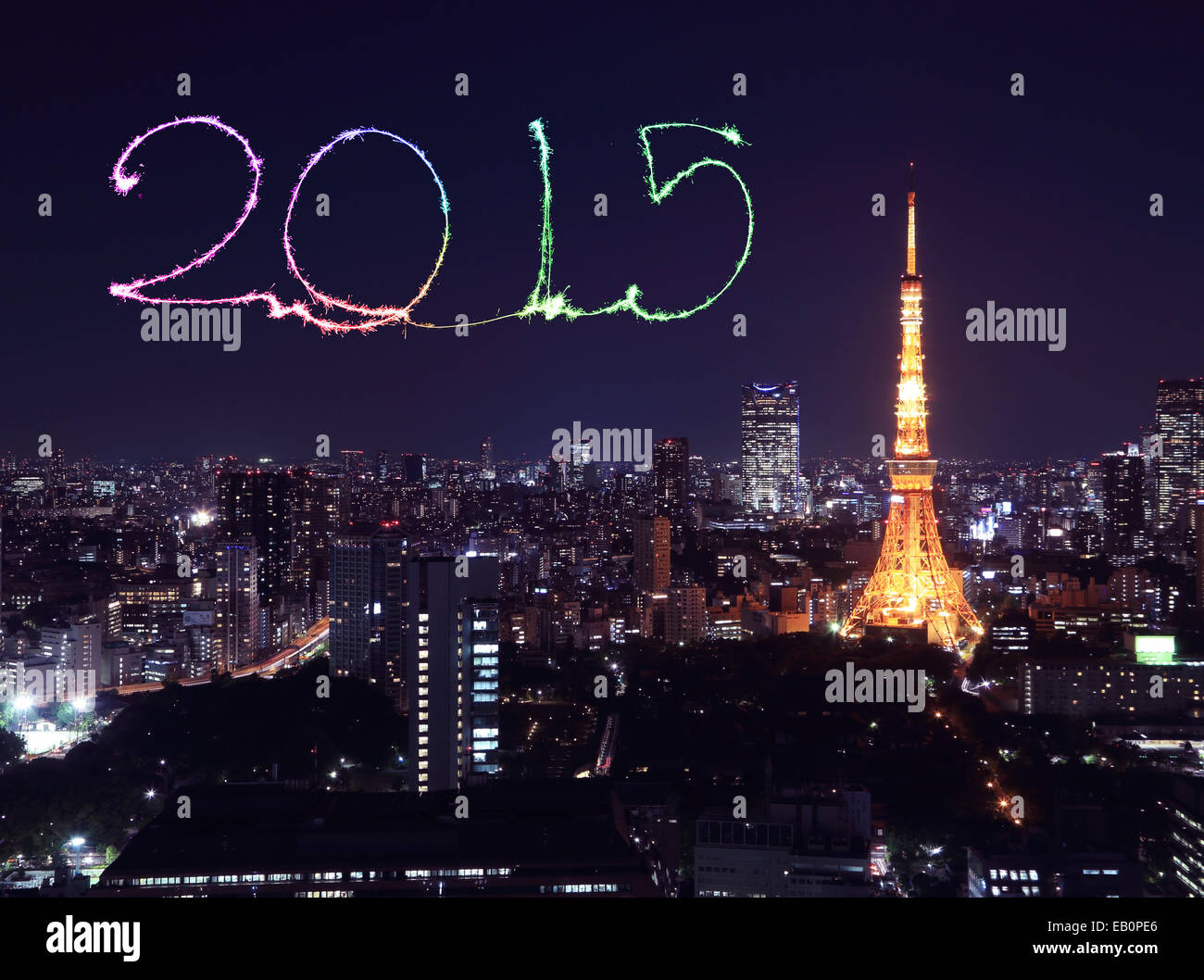 2015 New Year Fireworks celebrating over Tokyo cityscape at night ...