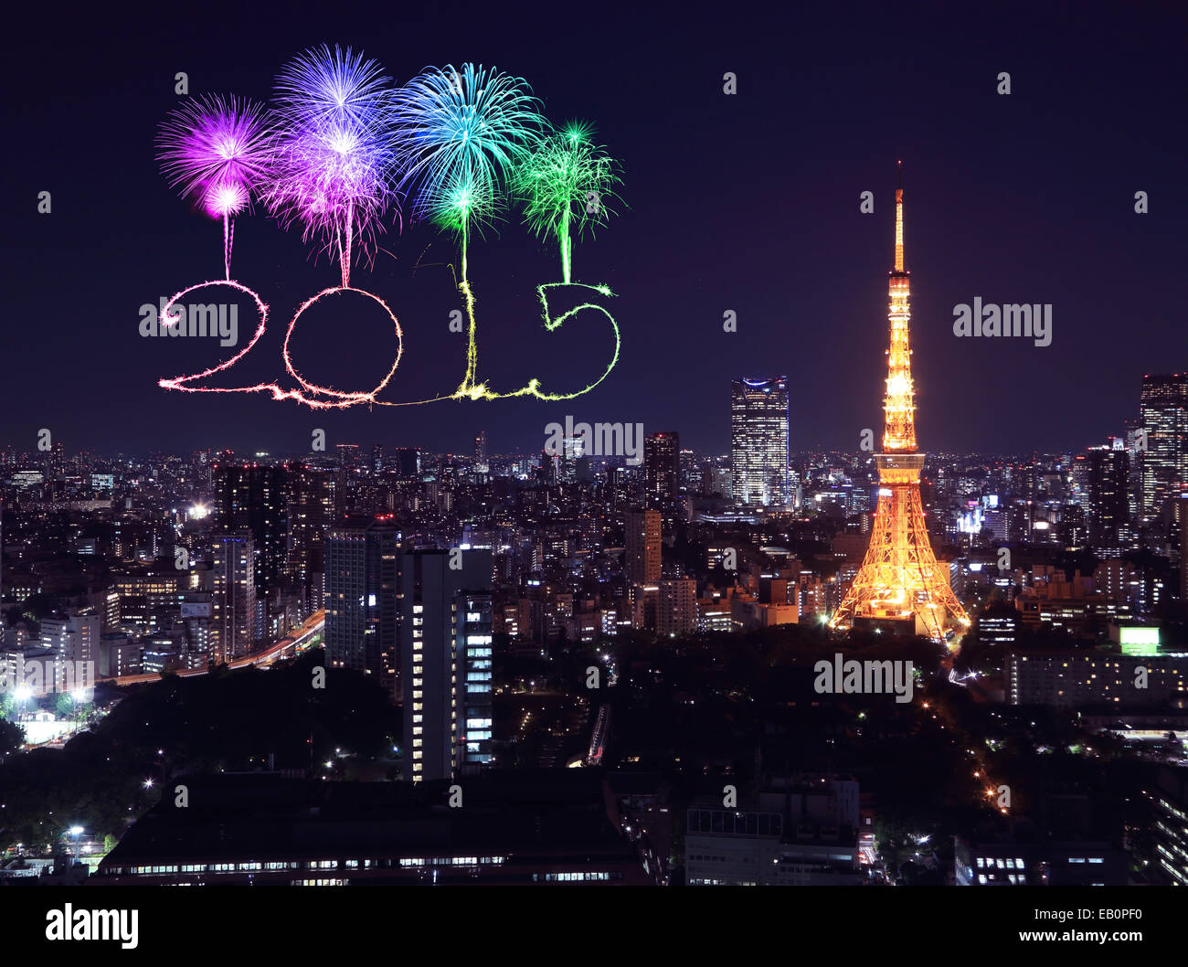 2015 New Year Fireworks celebrating over Tokyo cityscape at night ...