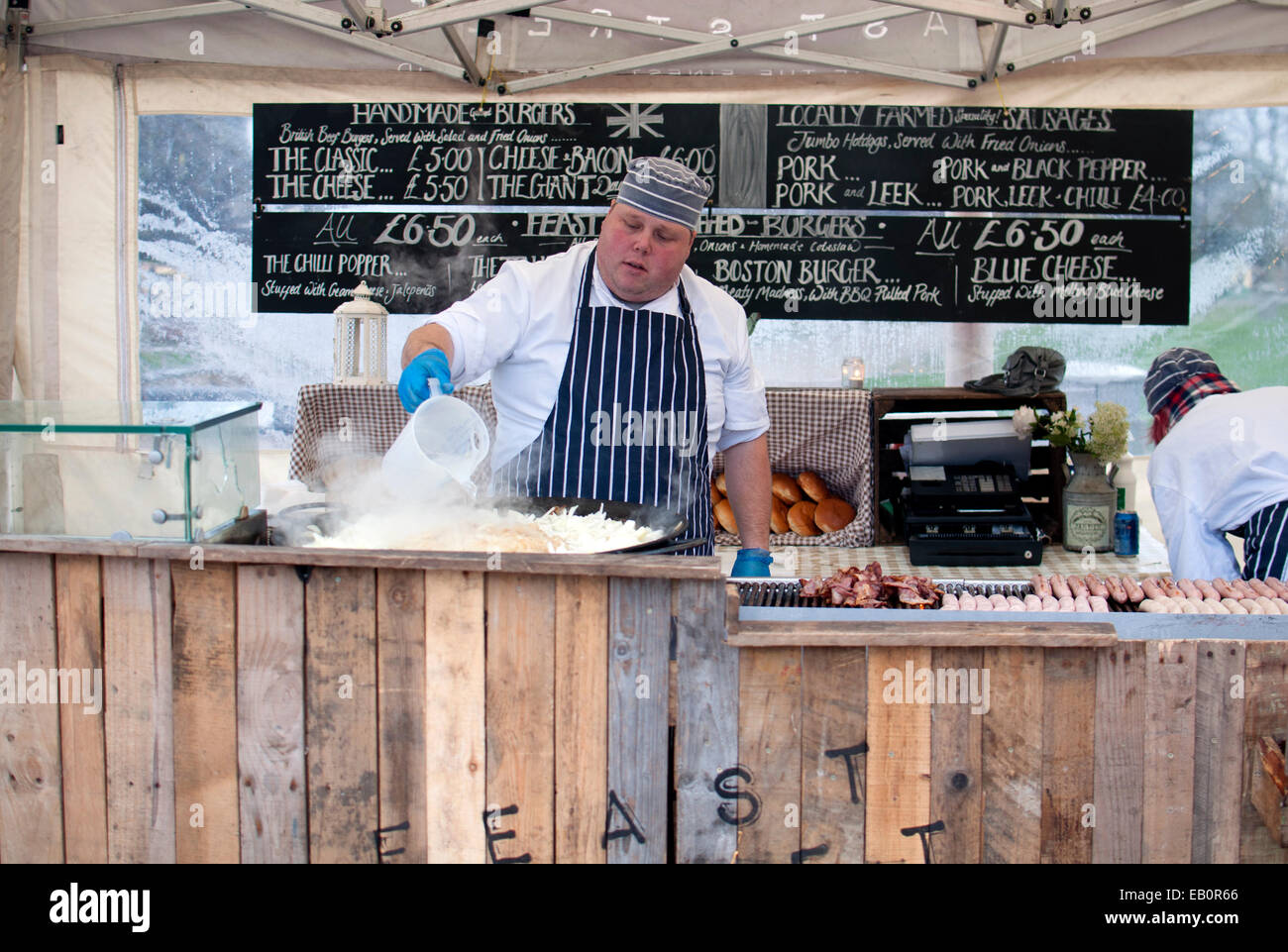 Food stall at Stratford-upon-Avon Sunday Market, Warwickshire, England ...