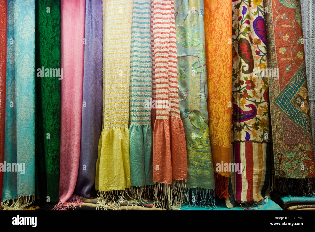 Colorful textile display at the Grand Bazaar, Istanbul, Turkey, Middle ...