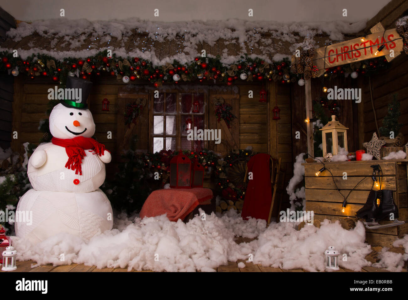 Attractive Christmas Decoration Inside a Wooden House with Large Winter ...
