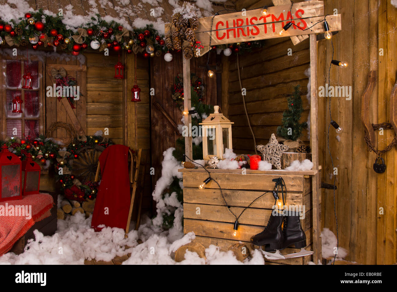 Lighted Wooden Christmas Booth Inside a House with Various Christmas ...