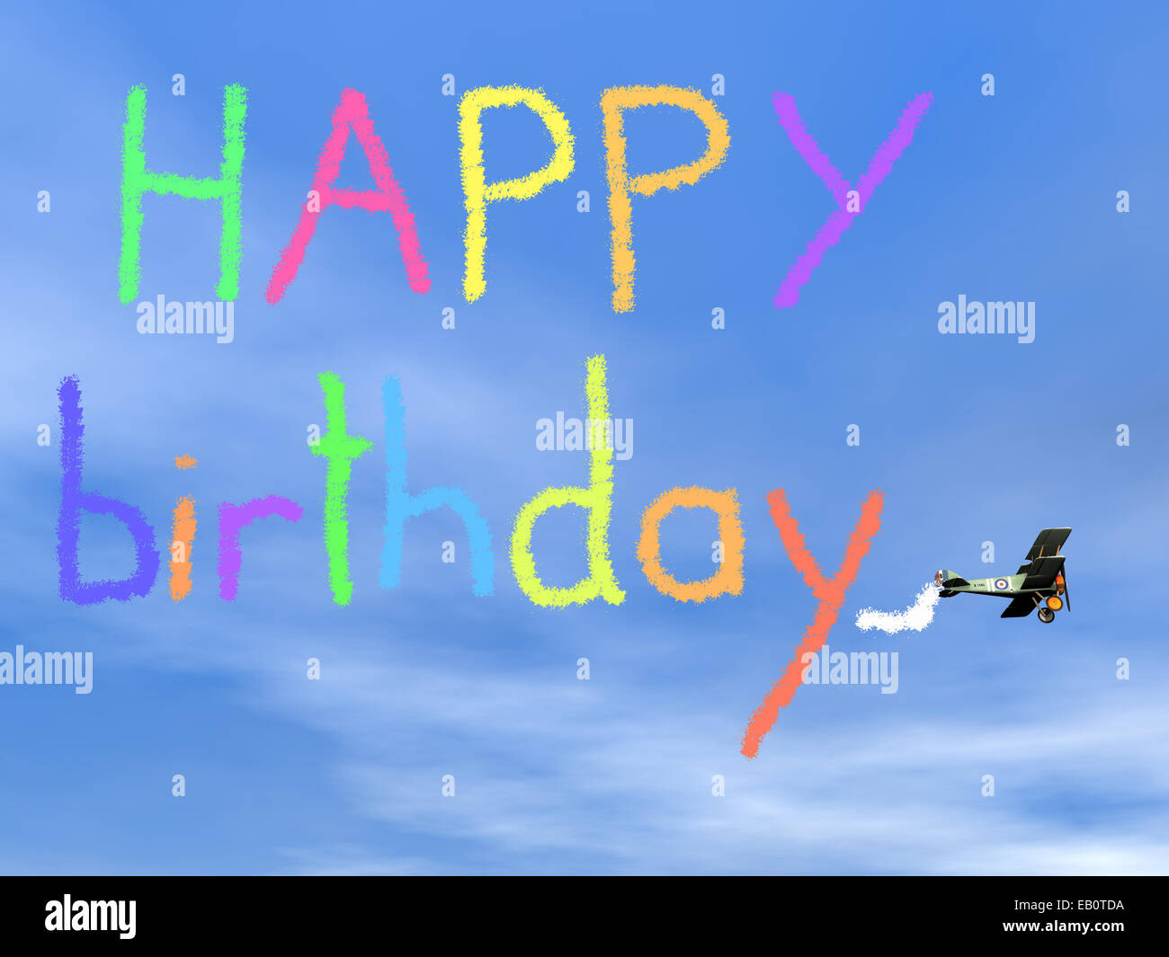 Colorful happy birthday message from biplan smoke in blue sky - 3D ...