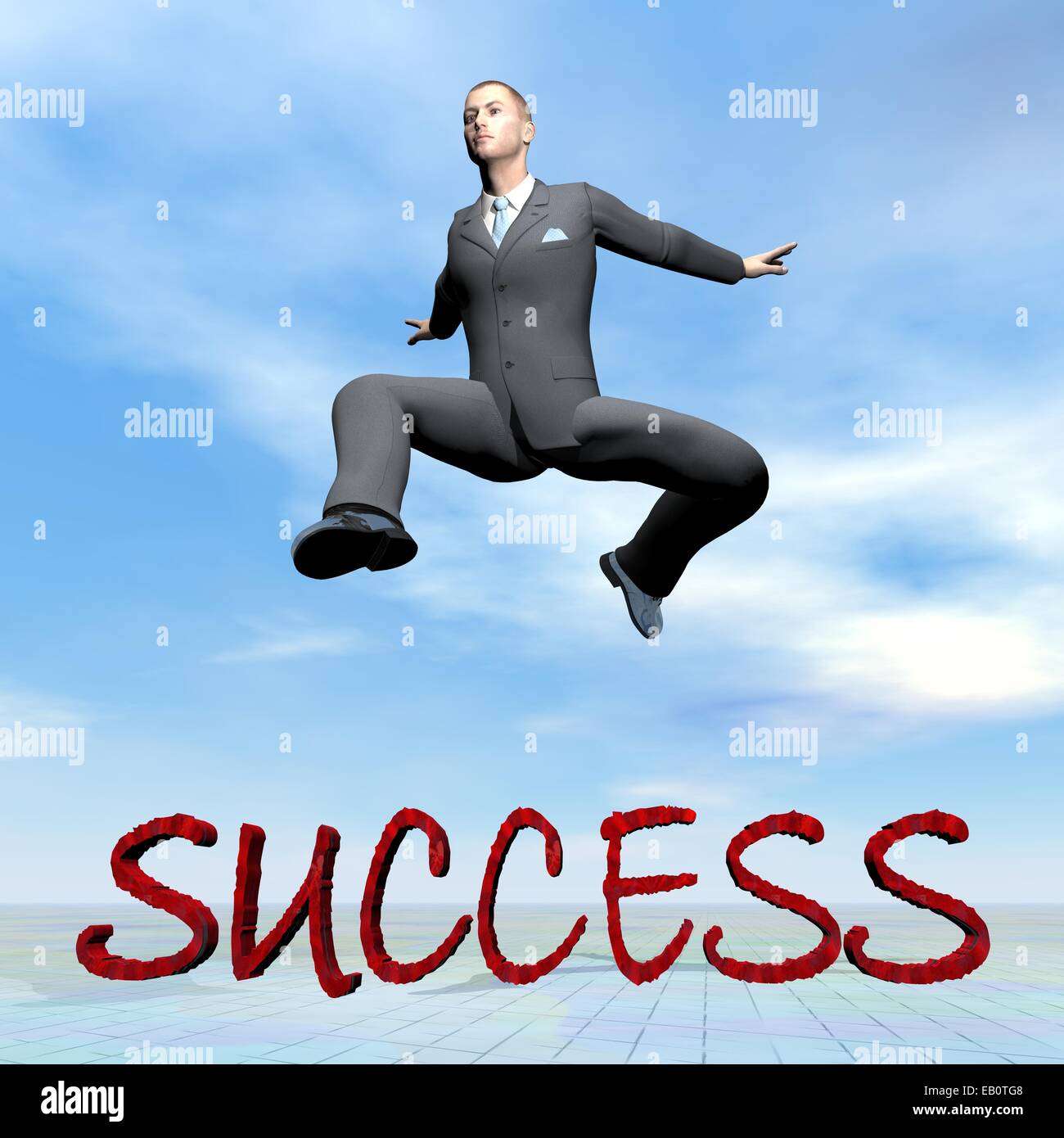Businessman jumping upon success word by beautiful day - 3D render ...