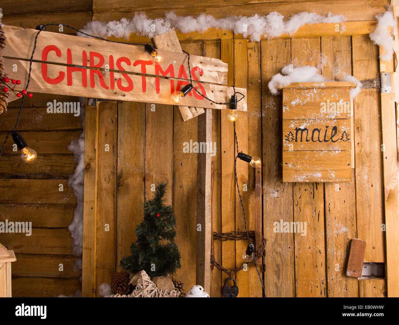 Christmas Still Life of Exterior of Log Cabin with Mailbox and ...