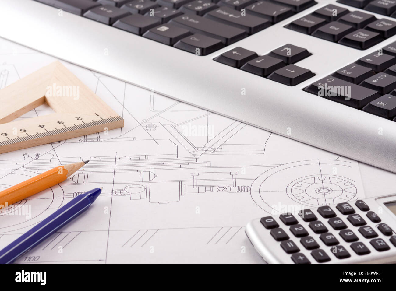 keyboard, pen and pencils on drafting Stock Photo - Alamy