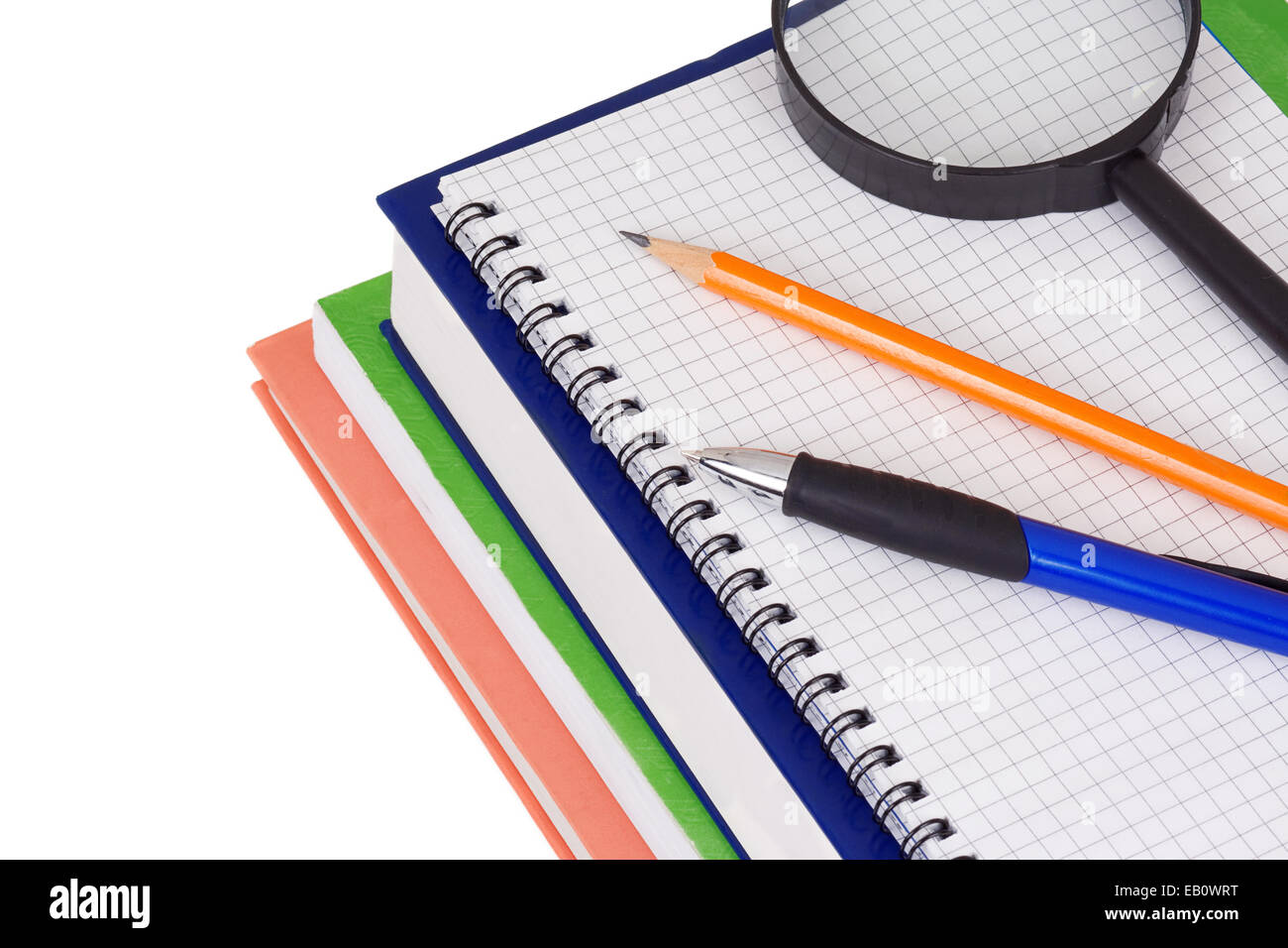 books, notebook, magnifying glass and pen isolated on white background ...