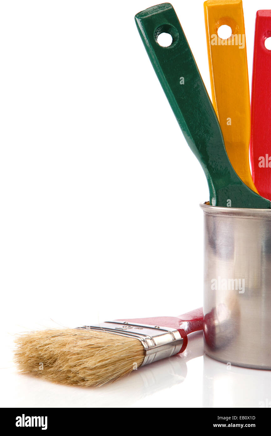 paint buckets, paint and brush isolated on white background Stock Photo ...