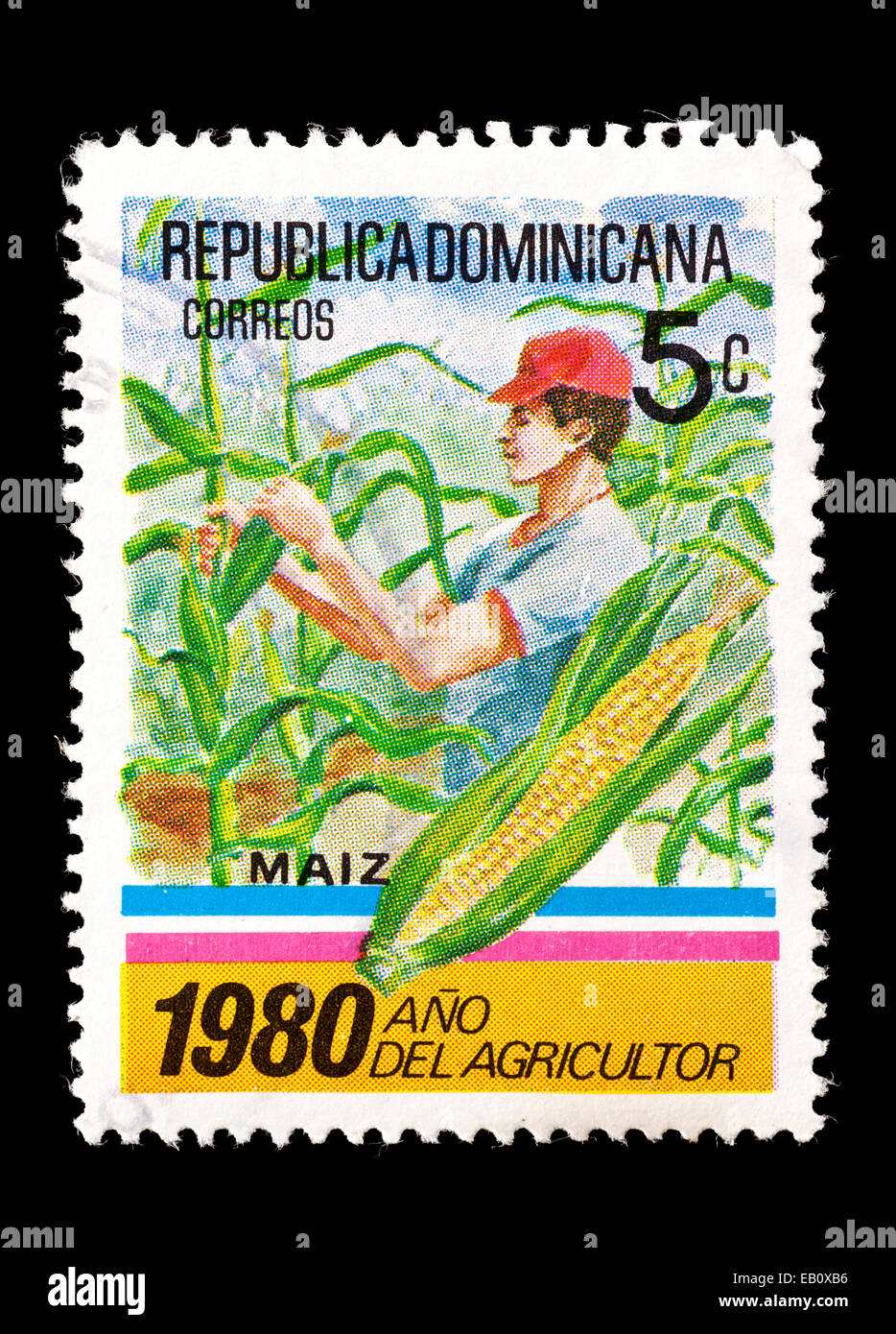 Postage stamp from Dominica depicting a farmer checking his corn Stock ...