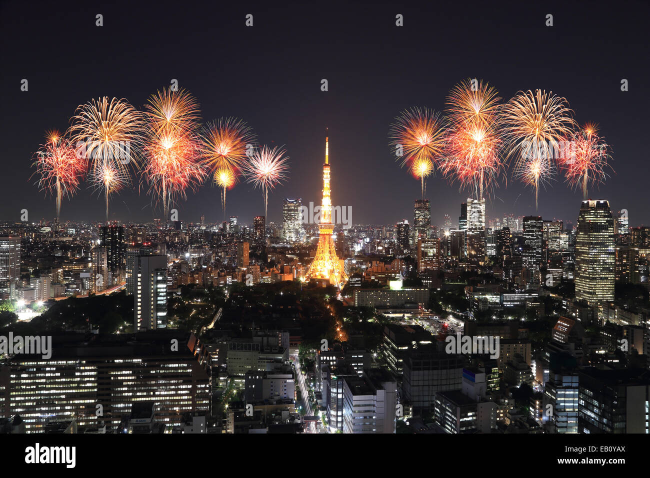 Fireworks celebrating over Tokyo cityscape at night, Japan Stock Photo ...