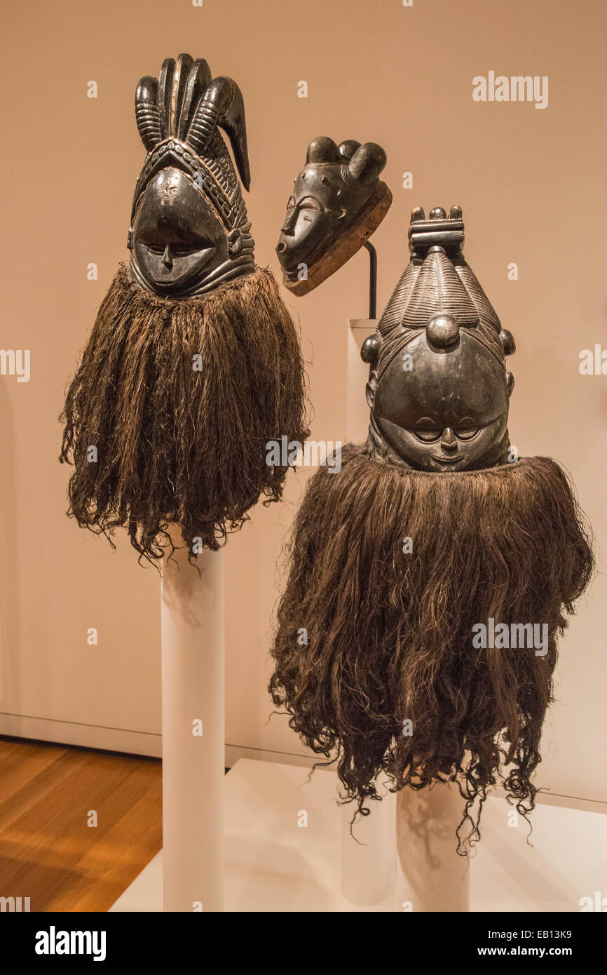 Three masks on display at the Seattle Art Museum, Washington, USA Stock ...