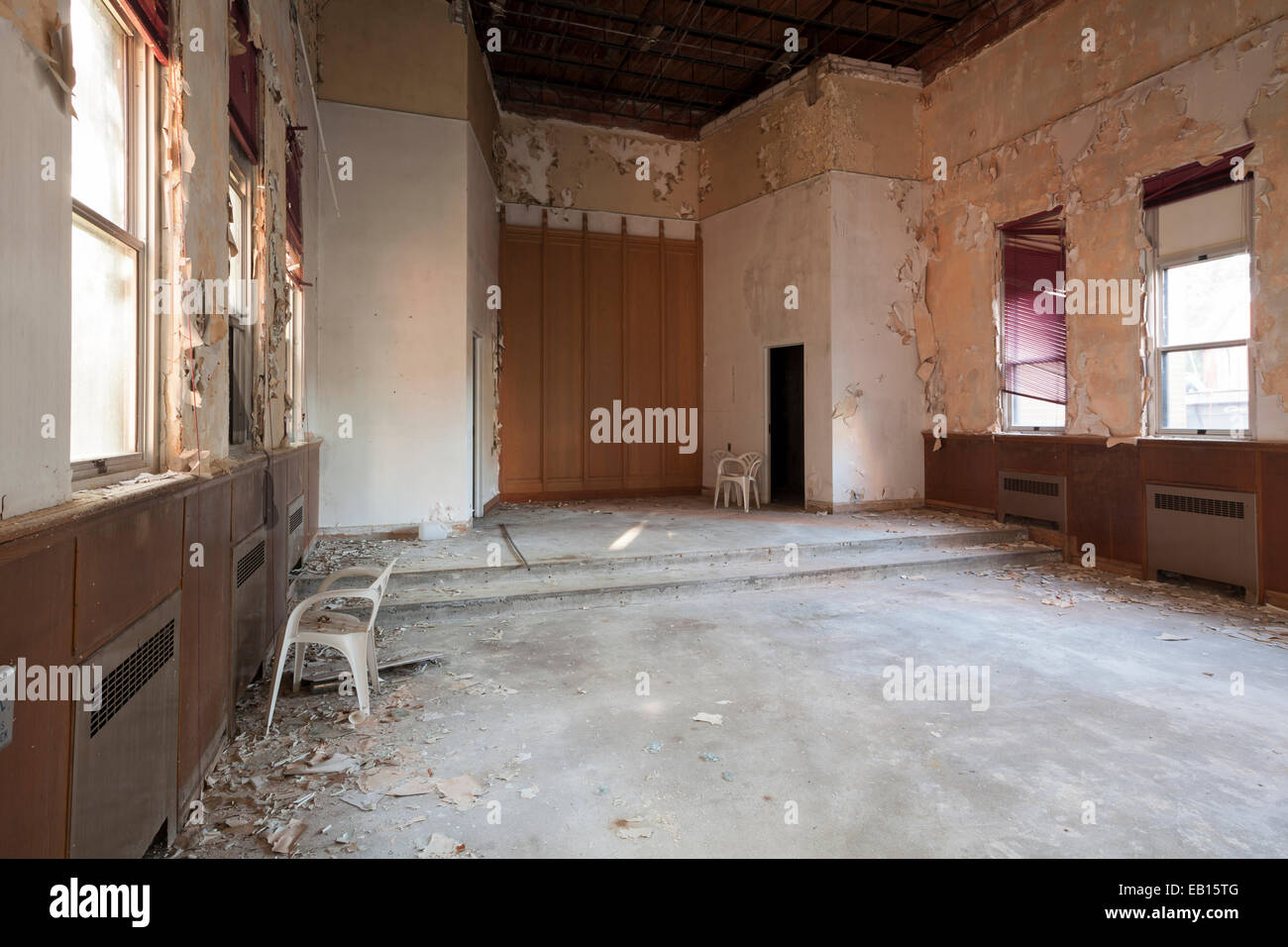 An empty church room in an abandoned hospital. Ontario, Canada Stock ...