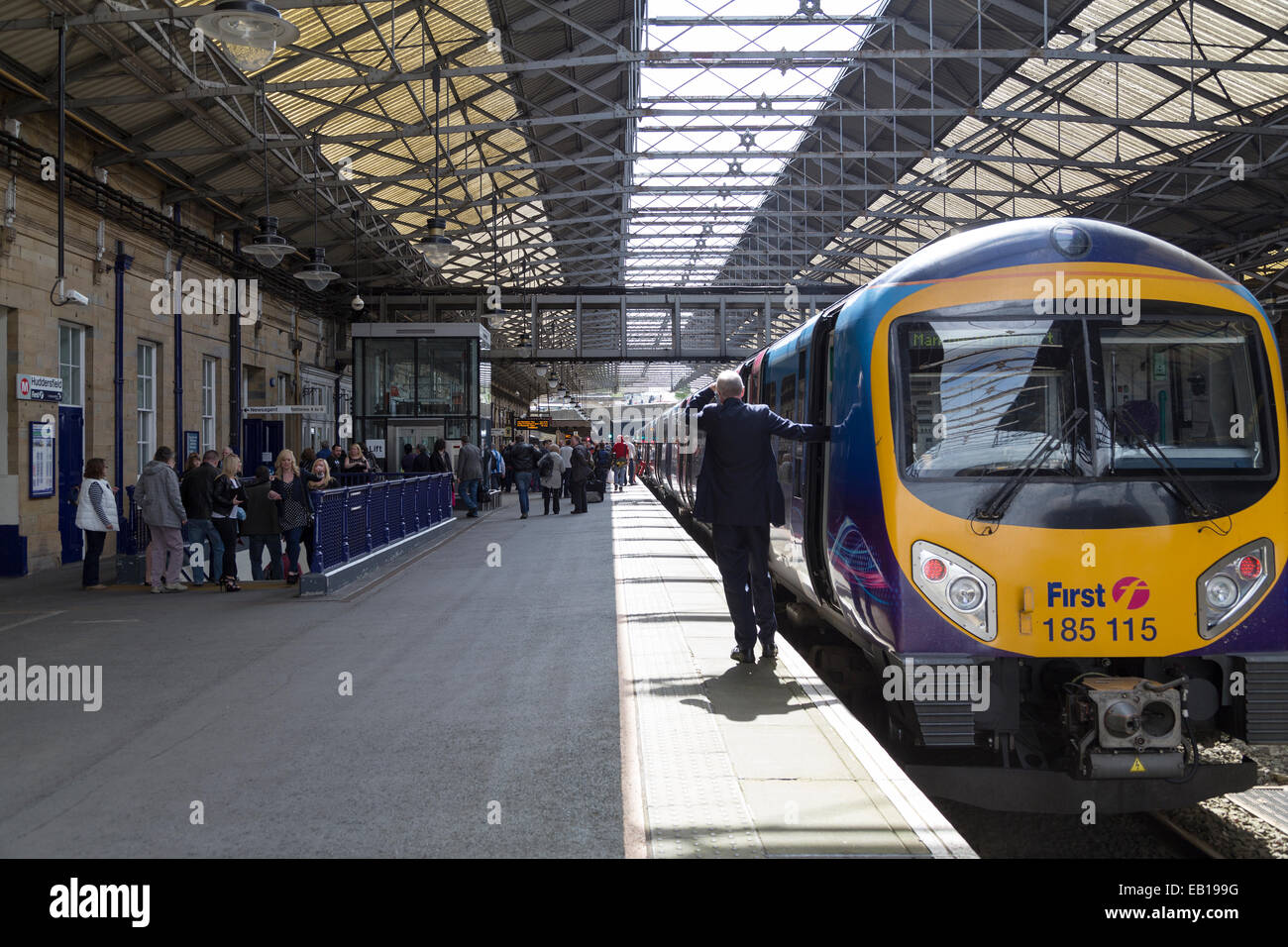 UK, Huddersfield, train station and First Transpennine Express train ...