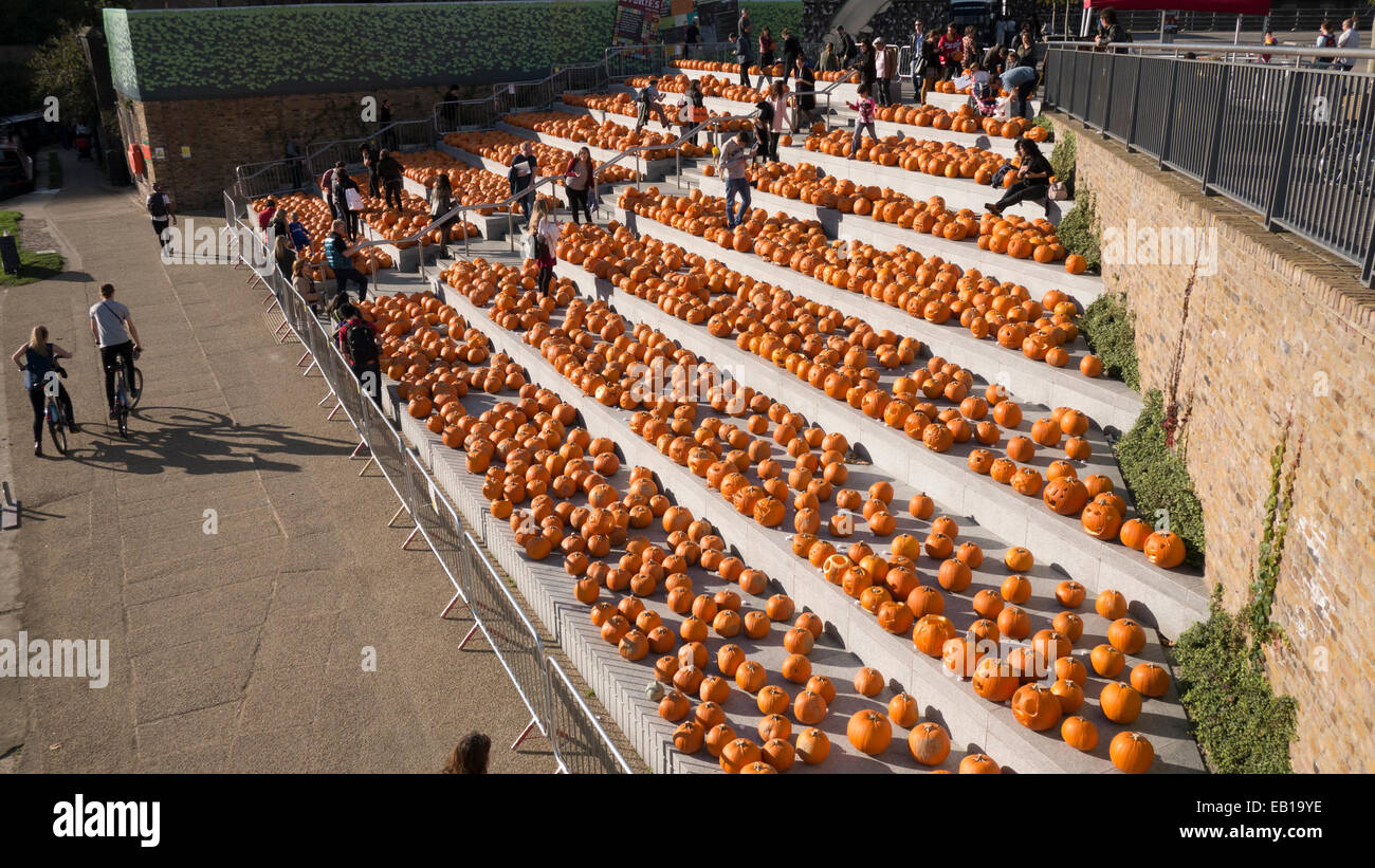 Canalside steps Kings Cross London with rows of pumpkins during living ...