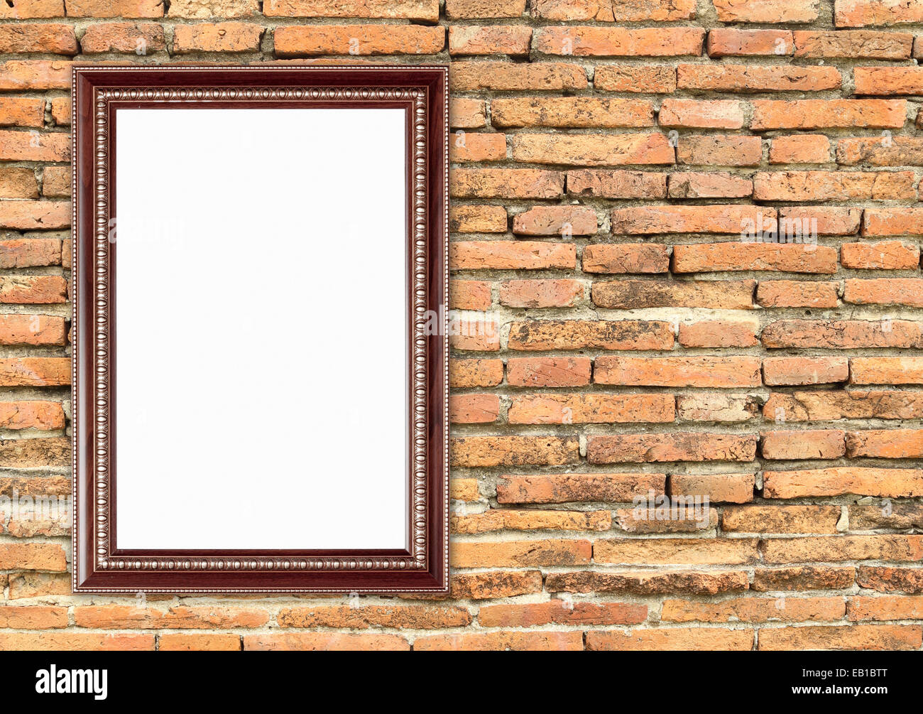 blank wood frame on brick stone wall background Stock Photo - Alamy