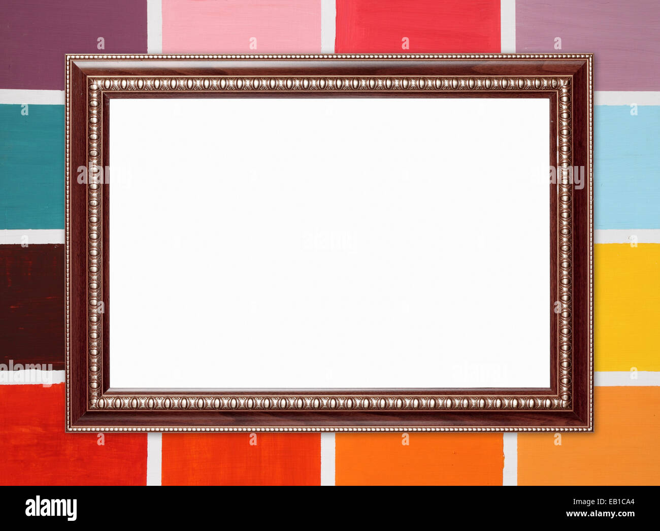 blank wood frame on colorful wood wall background Stock Photo - Alamy
