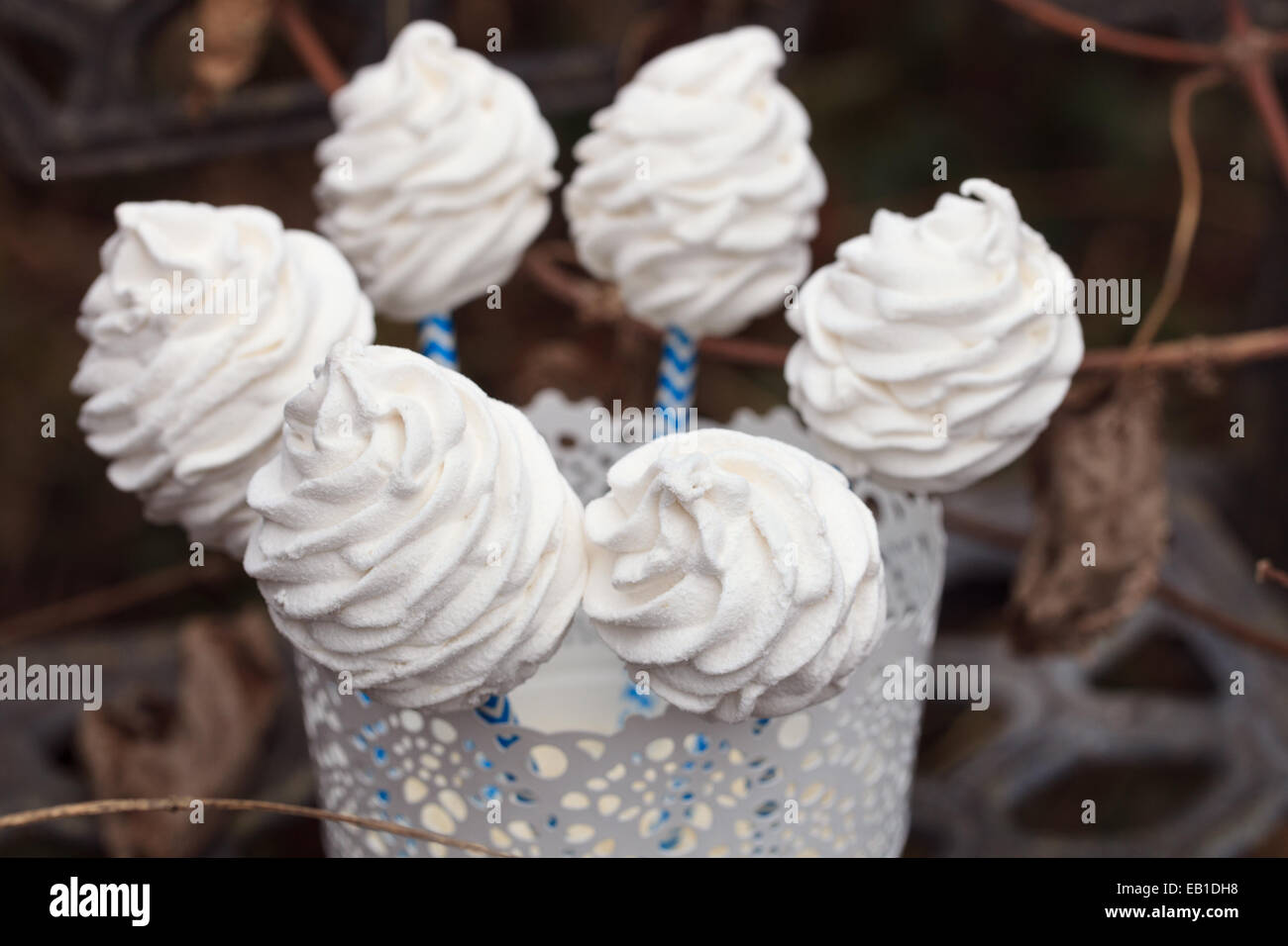 Delicious sweet buffet with white marshmallow in a bucket Stock Photo ...
