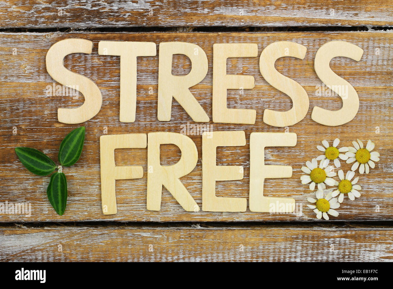 Stress free written with wooden letters on rustic wooden surface with ...