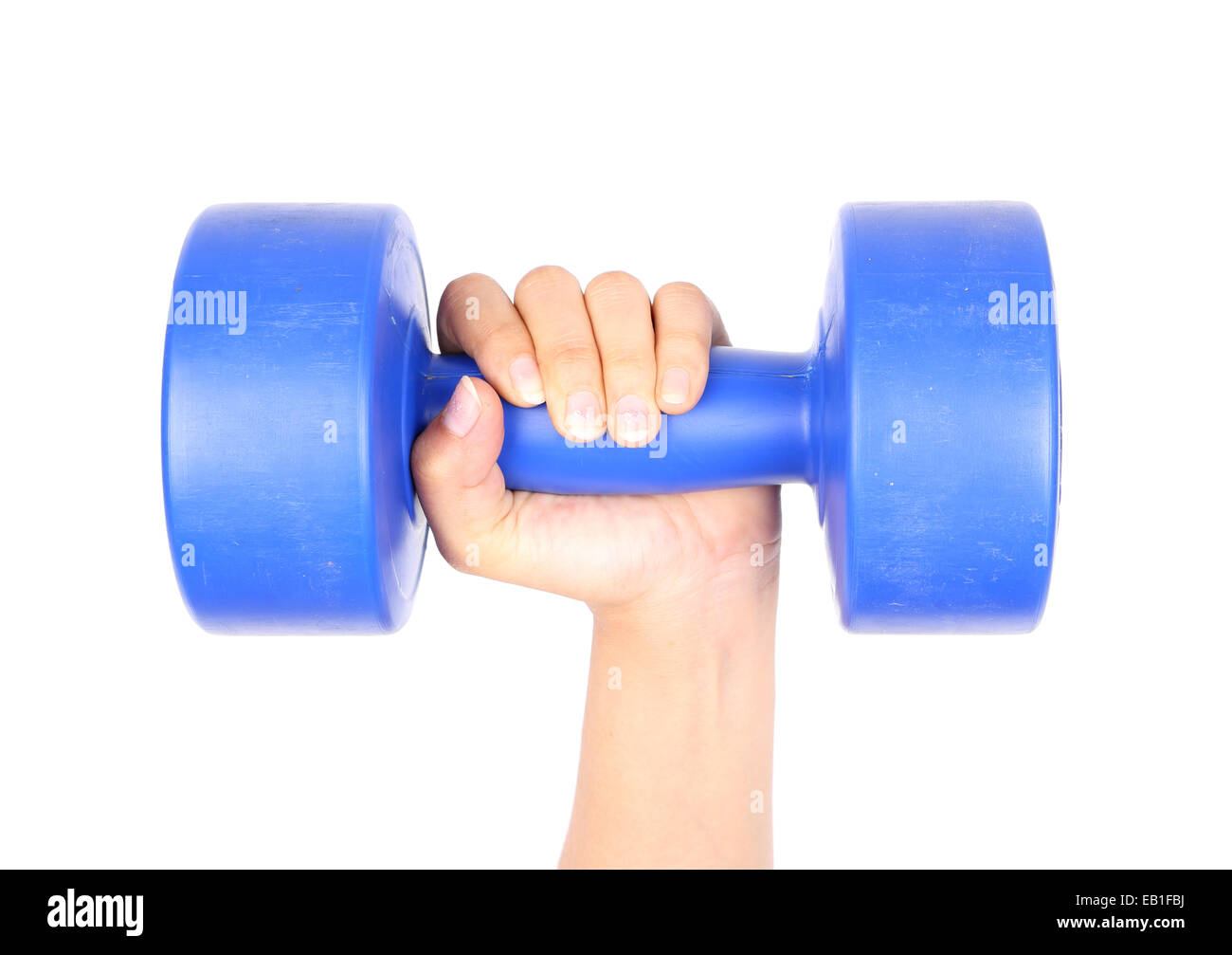 hand with blue dumbbell on a white background Stock Photo - Alamy