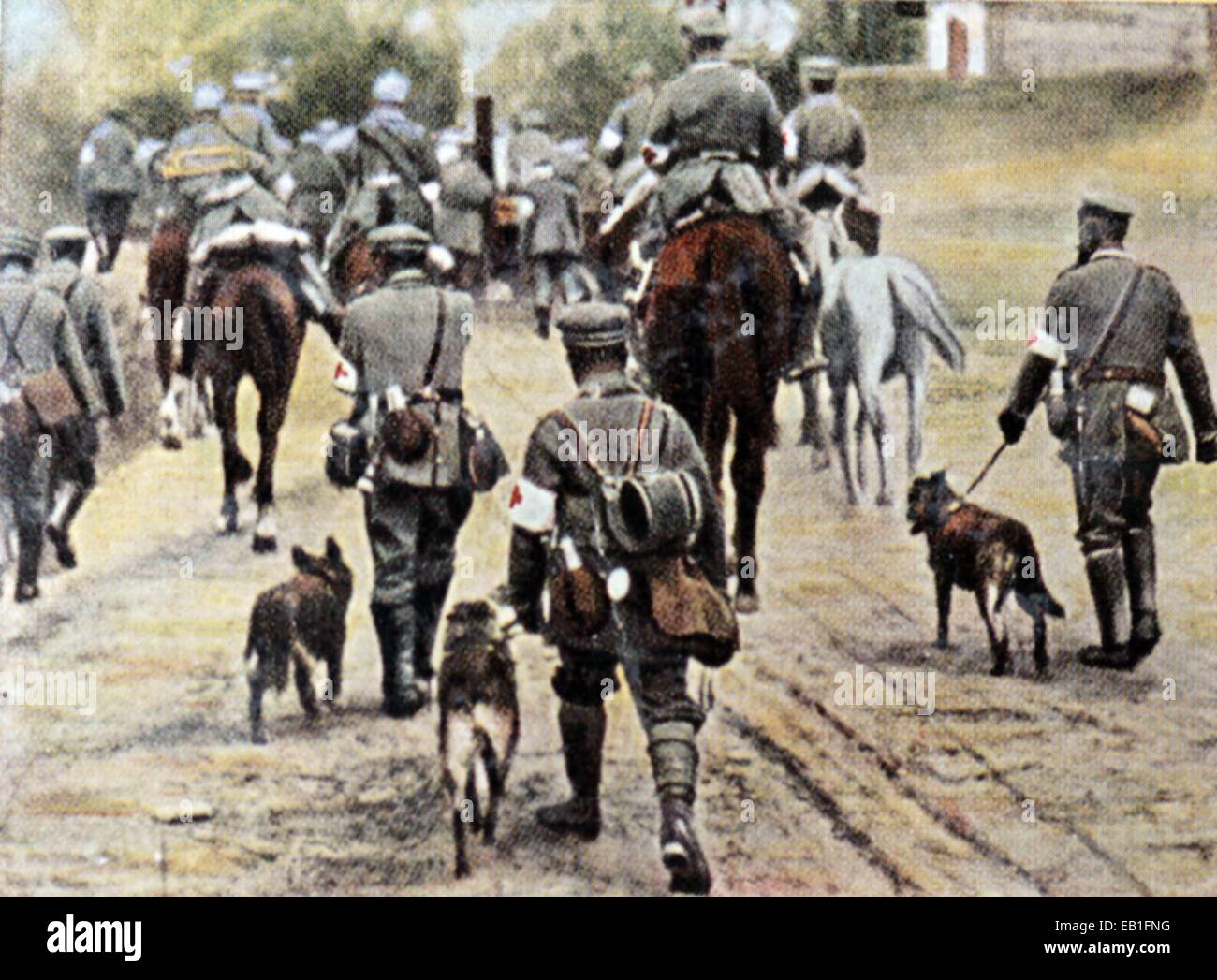 The contemporary colorized German propaganda photo shows a company of ...