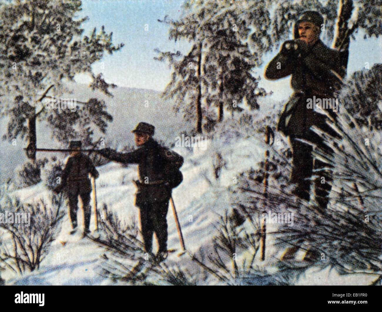 The contemporary colorized German propaganda photo shows a German snow ...