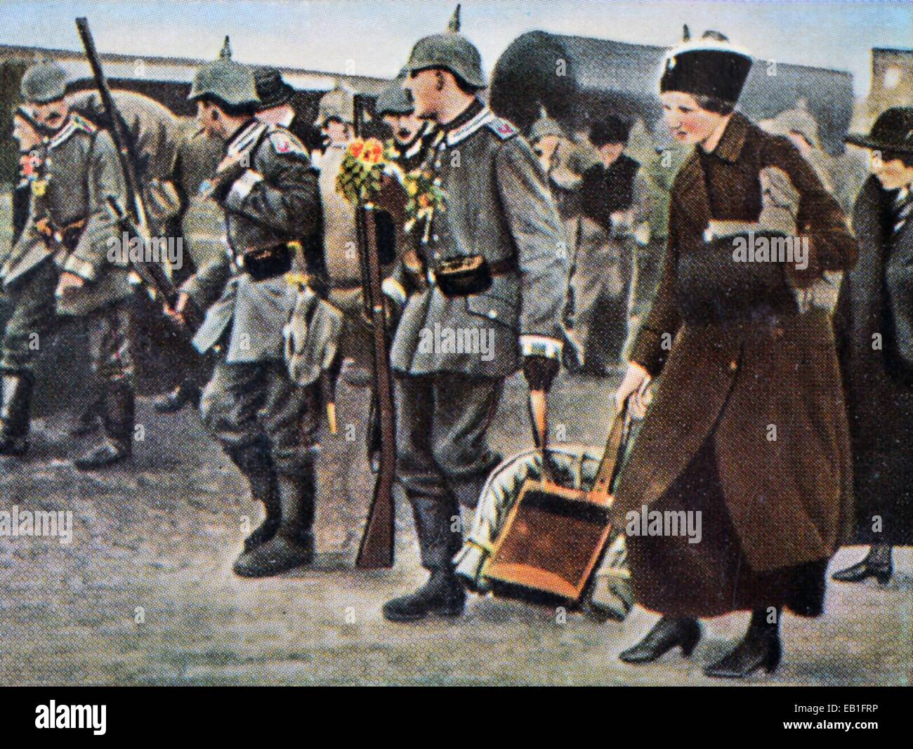 A contemporary German colorized propaganda photo shows German soldiers ...