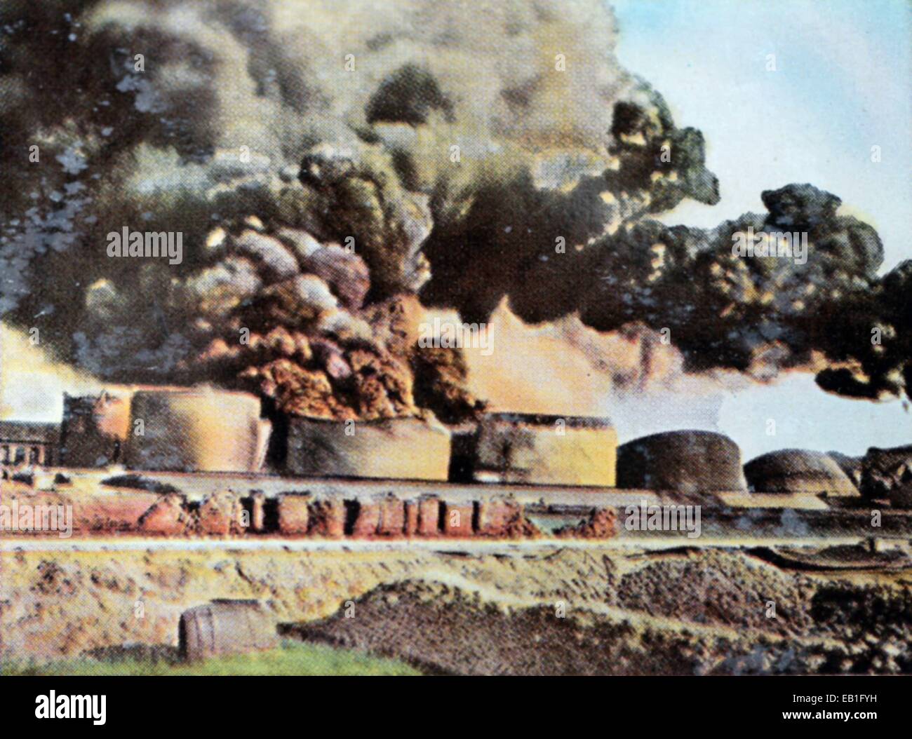 The contemporary colorized German propaganda photo shows burning oil ...