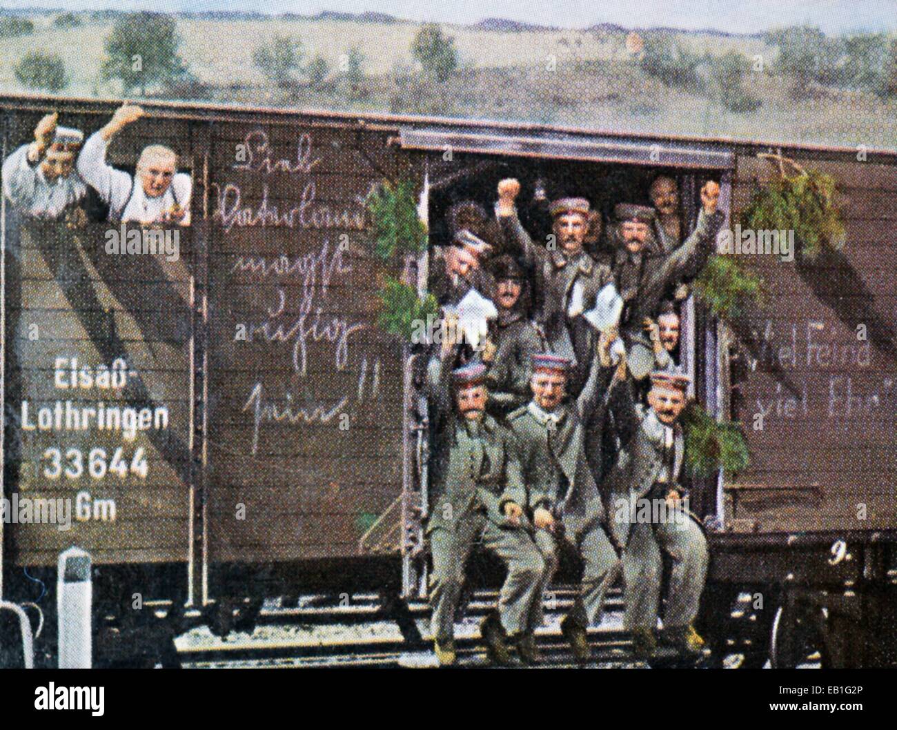 A contemporary German colorized propaganda photo shows enthusiastic ...