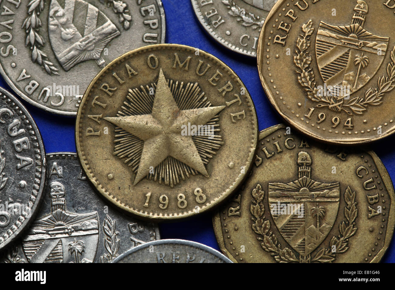 Coins of Cuba. Coat of arms of Cuba depicted in the Cuban peso coins ...