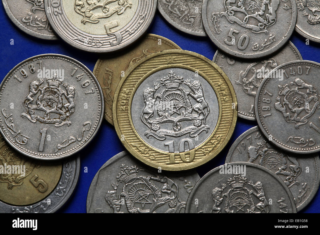 Coins of Morocco. Coat of arms of Morocco depicted in the Moroccan ...