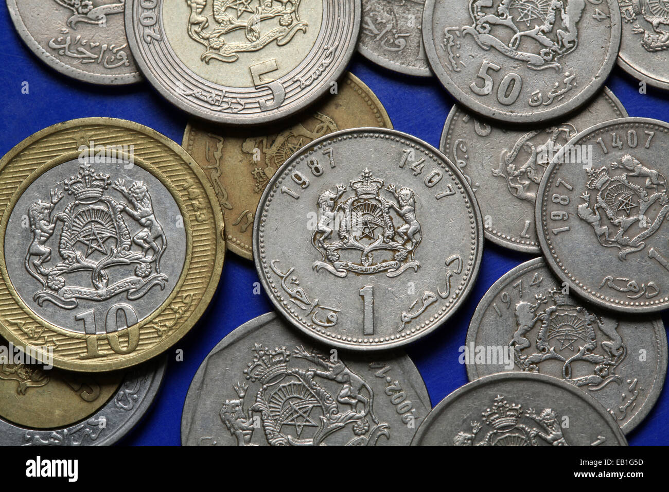 Coins of Morocco. Coat of arms of Morocco depicted in the Moroccan ...