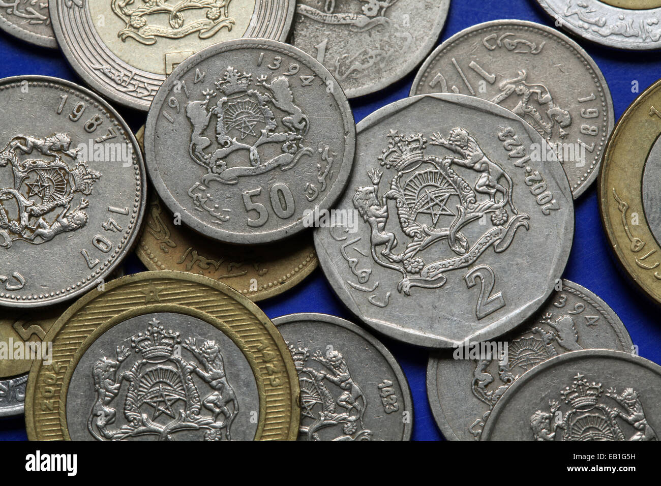 Coins of Morocco. Coat of arms of Morocco depicted in the Moroccan ...