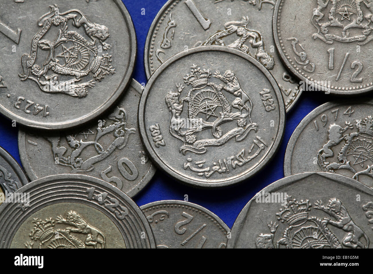 Coins of Morocco. Coat of arms of Morocco depicted in the Moroccan ...