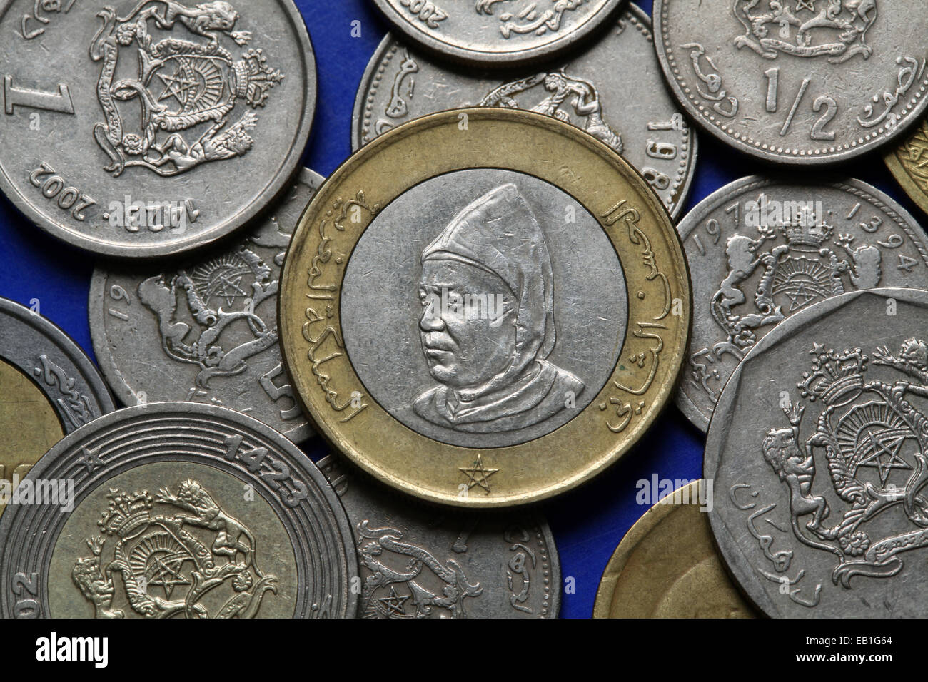 Coins of Morocco. King Hassan II of Morocco depicted in the Moroccan ...