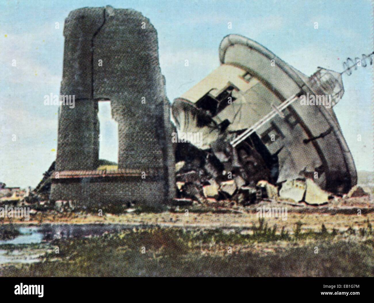 A contemporary German colorized propaganda photo shows a destroyed ...