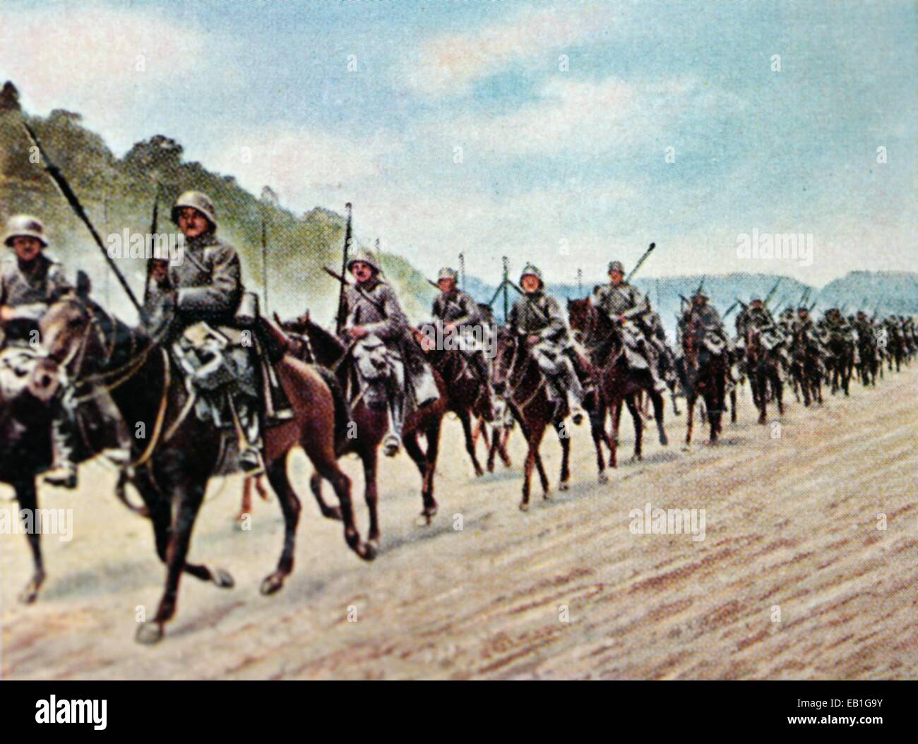 The contemporary colorized German propaganda photo shows German cavalry ...