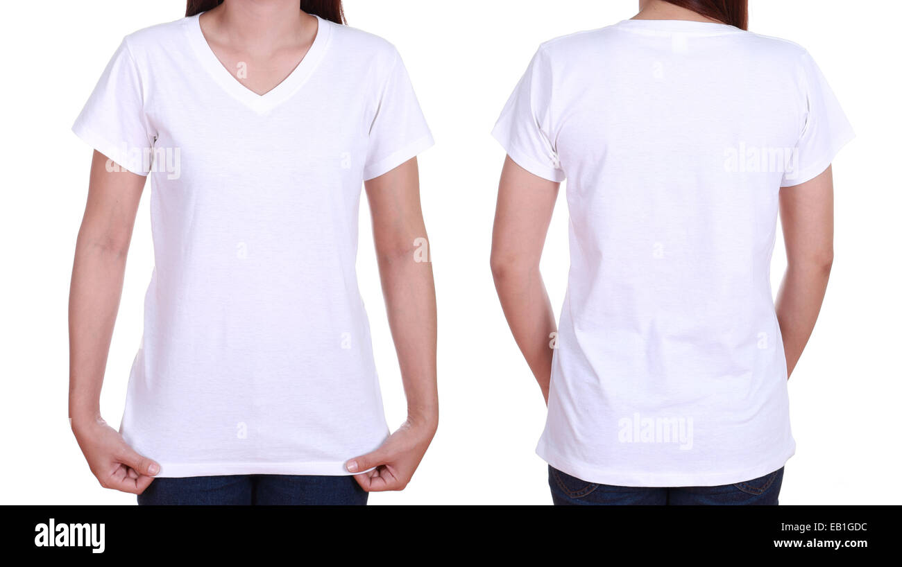 blank t-shiet set (front, back) with female isolated on white ...