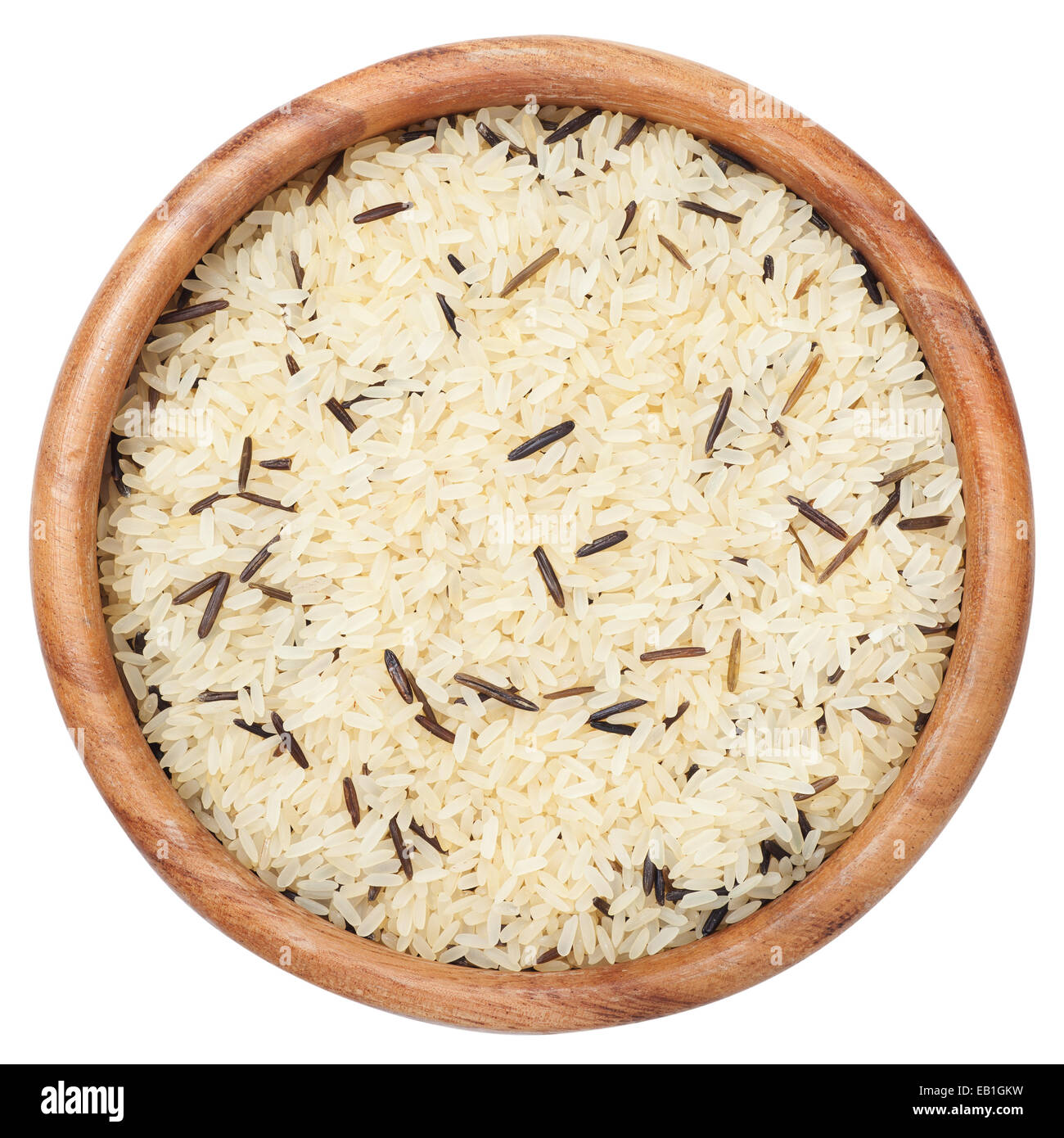 Rice grain uncooked in wooden bowl, isolated on white Stock Photo - Alamy