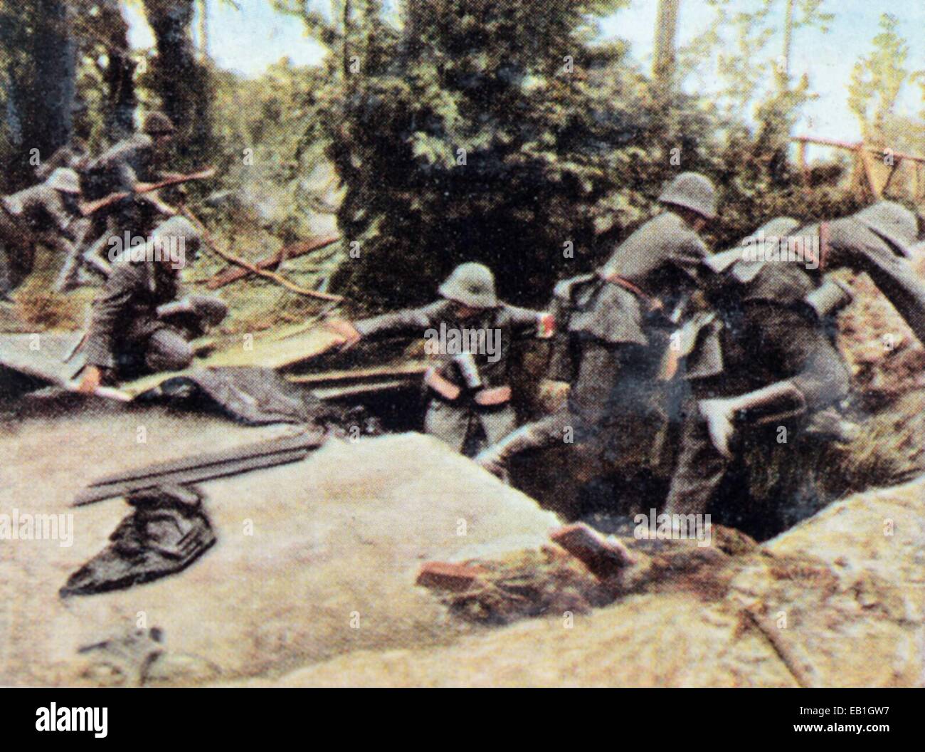 The contemporary colorized German propaganda photo shows German troops ...
