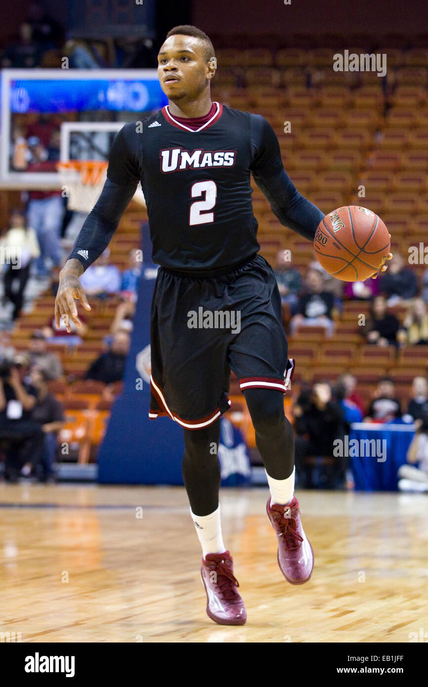 Mohegan Sun Arena. 23rd Nov, 2014. Massachusetts Minutemen guard ...
