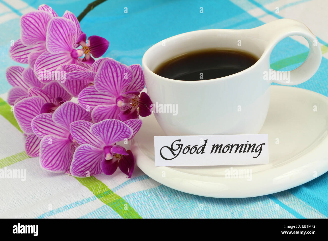 Good morning card with cup of coffee and pink orchid Stock Photo - Alamy