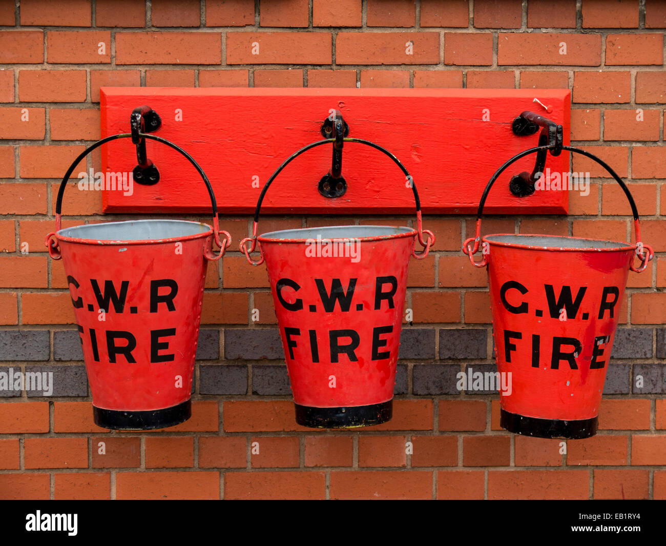 vintage fire buckets on the station at kidderminster on the Severn ...