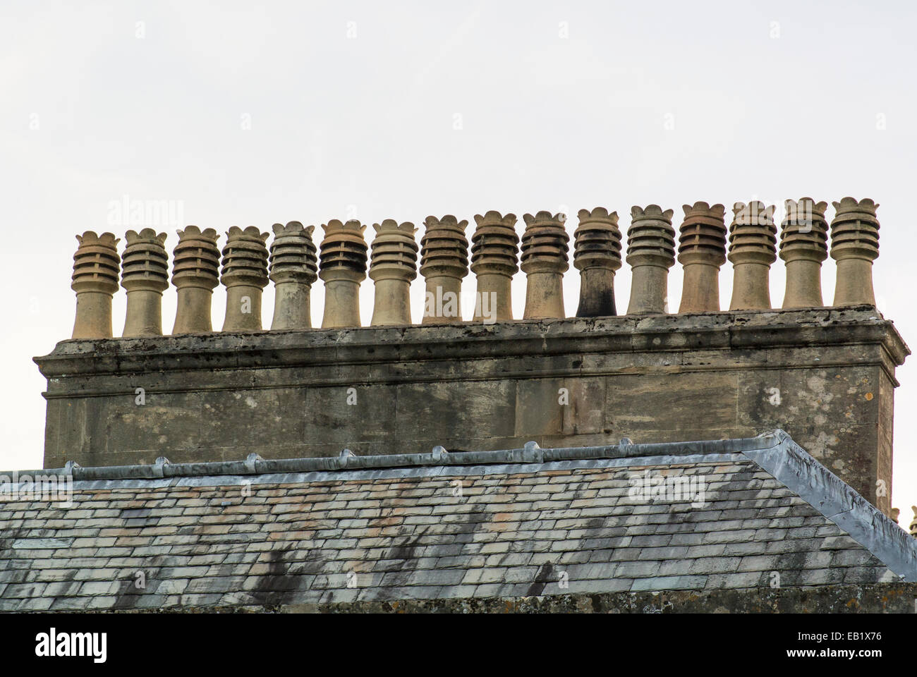 Multiple Chimney Pots on Large House Stock Photo - Alamy